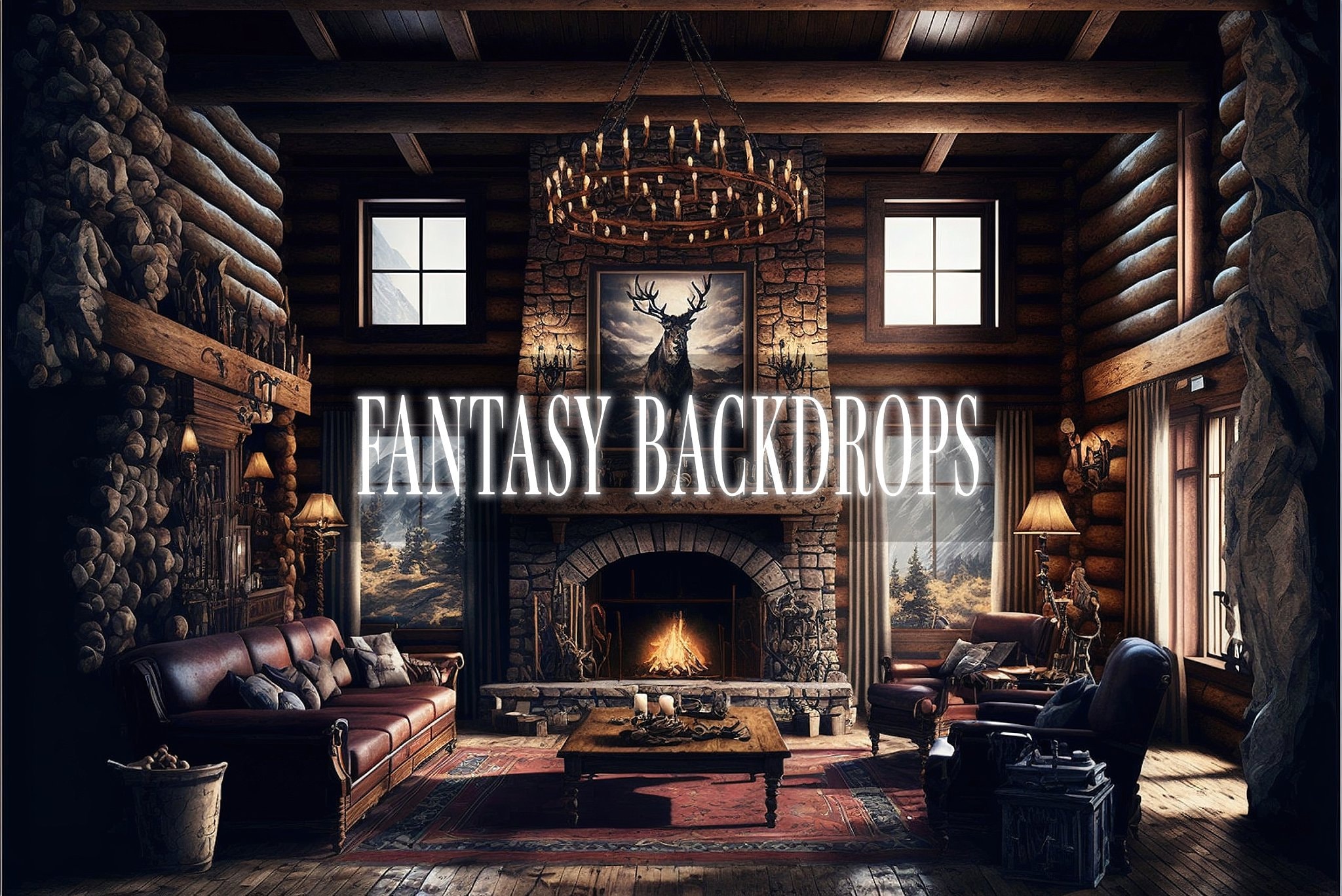 Luxe Cabin Rooms Digital Backdrops, Portrait Backdrop Overlays, Studio ...