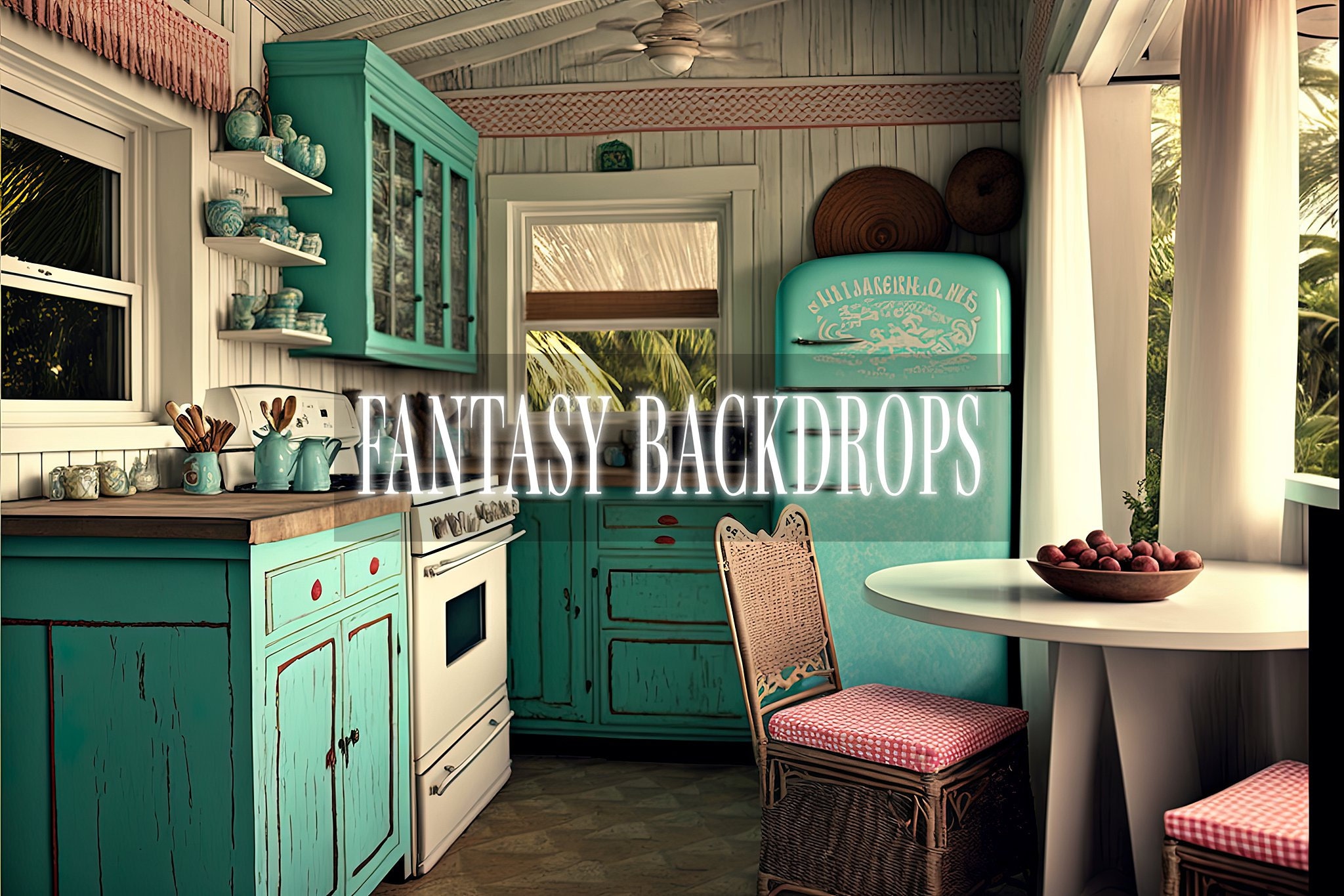 Beach Bungalow Kitchens Digital Backdrops, Portrait Backdrop Overlays ...