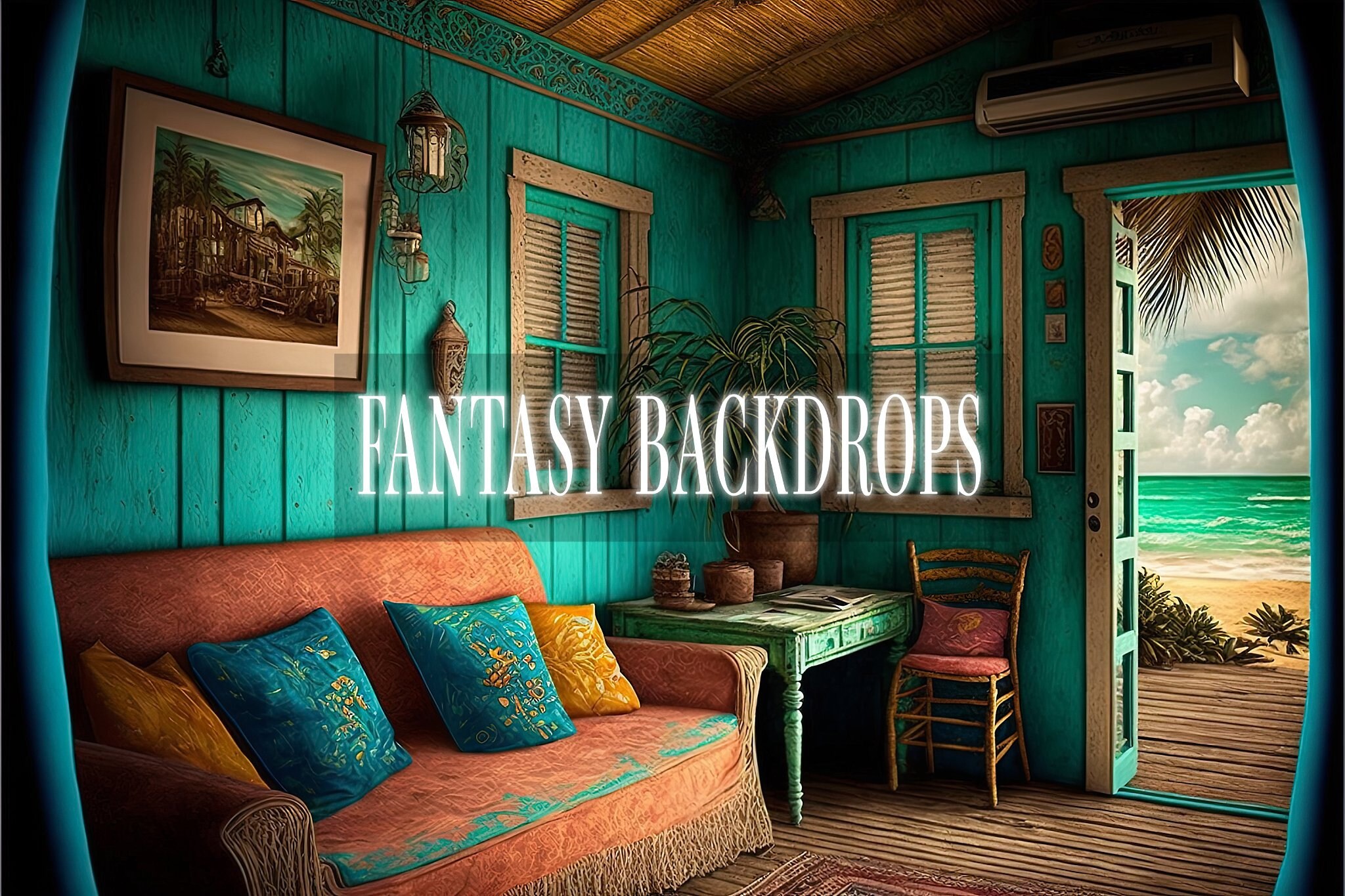 Beach Bungalow Rooms Digital Backdrops, Portrait Backdrop Overlays ...