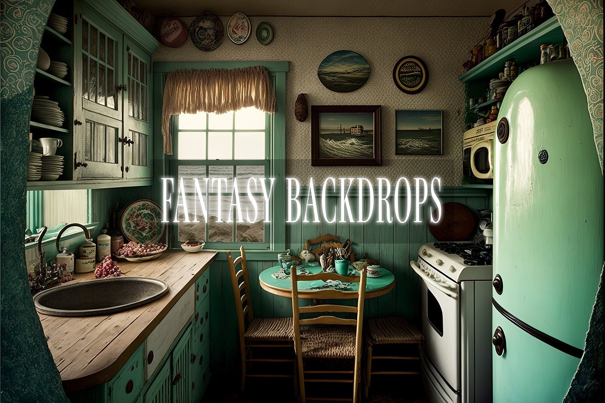 Beach Bungalow Kitchens Digital Backdrops, Portrait Backdrop Overlays ...