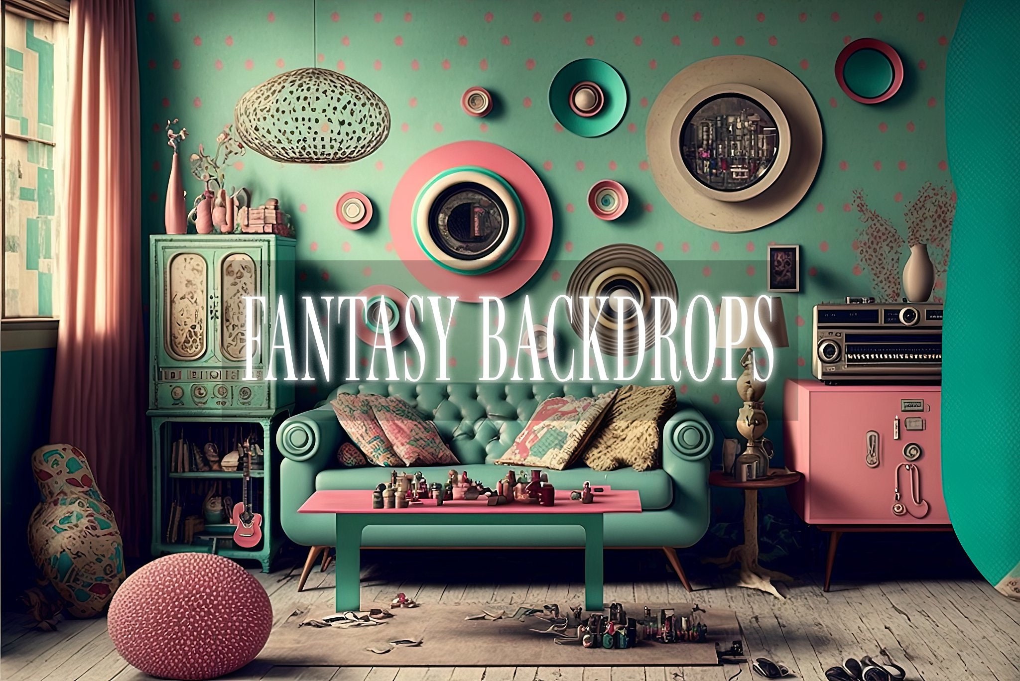 Retro Pastel Rooms Digital Backdrops, Portrait Backdrop Overlays ...