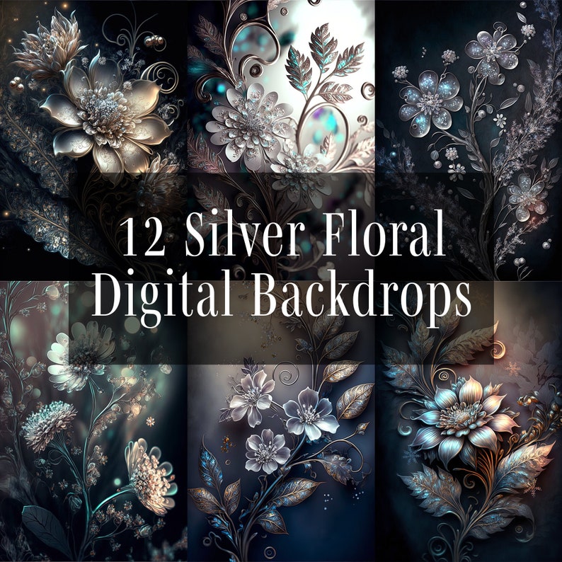 Silver Florals Digital Backdrops, Portrait Backdrop Overlays, Studio ...