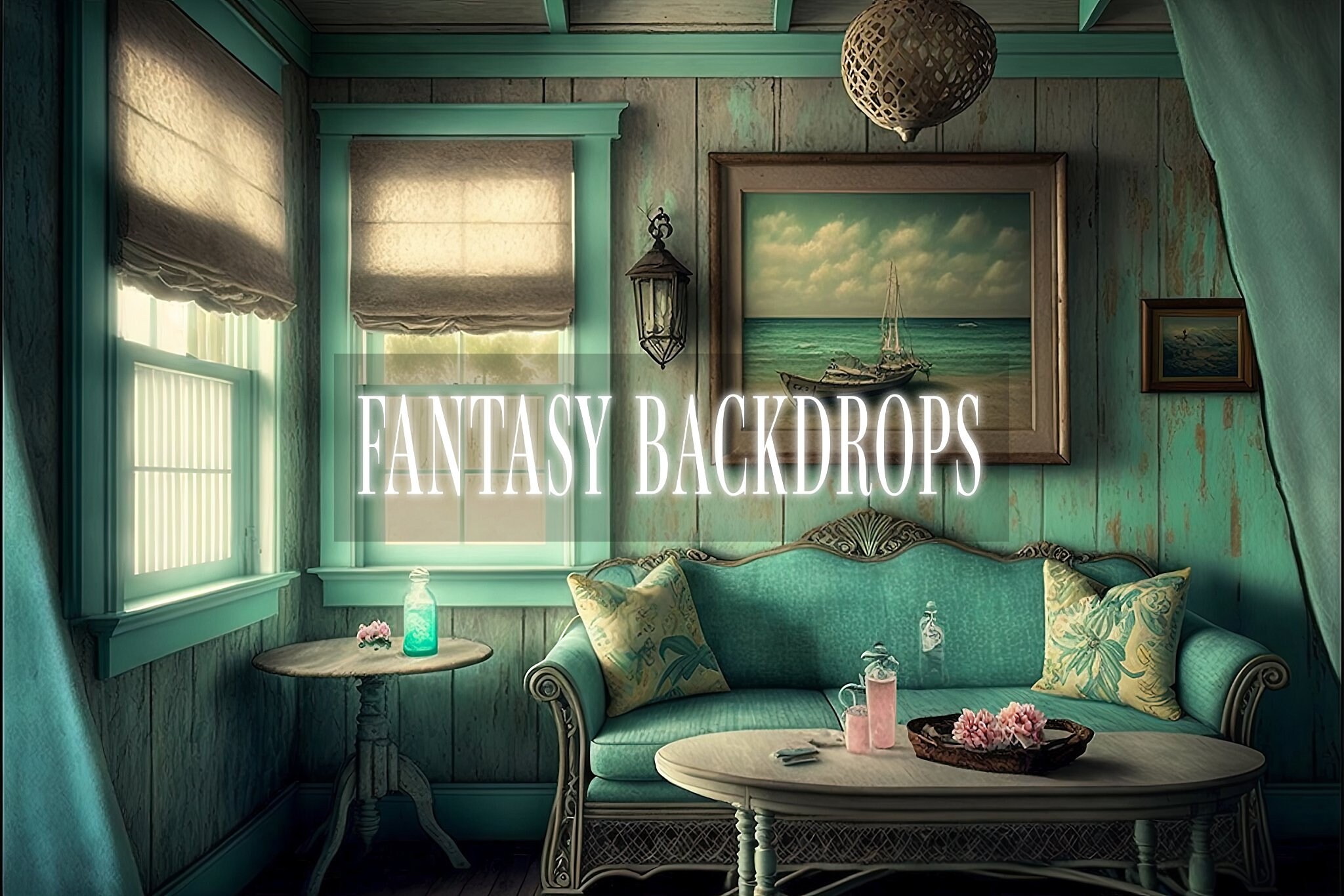 Beach Bungalow Rooms Digital Backdrops, Portrait Backdrop Overlays ...