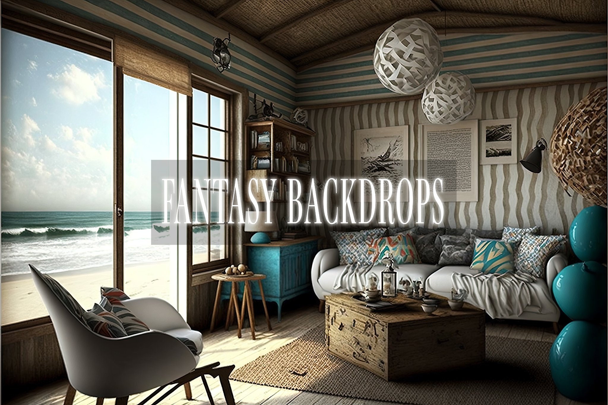 Beach Bungalow Rooms Digital Backdrops, Portrait Backdrop Overlays ...