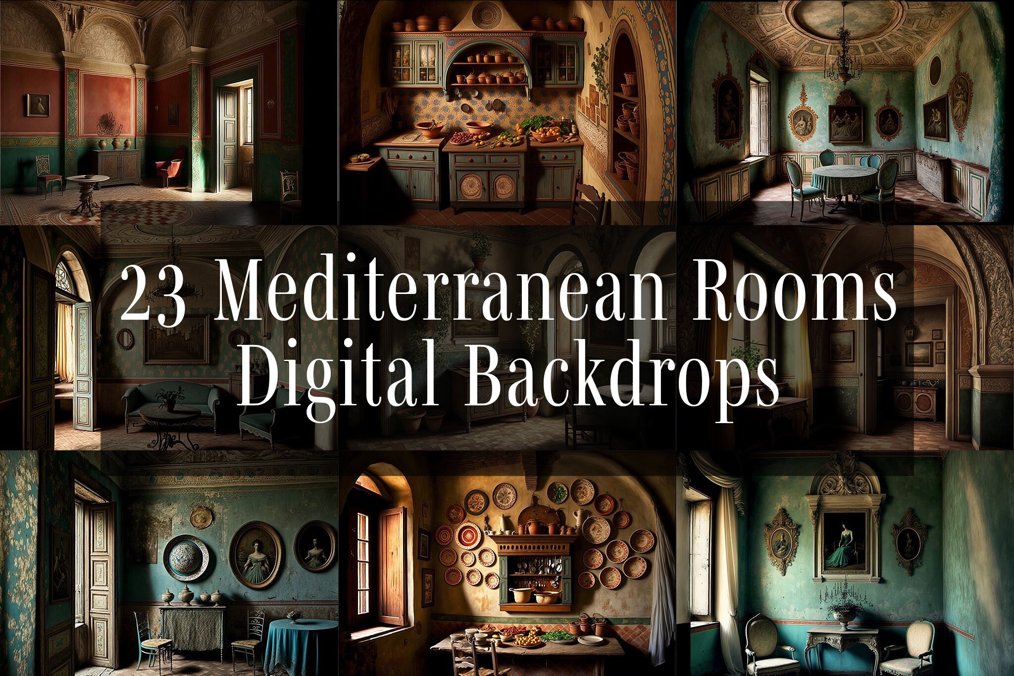 Mediterranean Rooms Digital Backdrops, Portrait Backdrop Overlays ...