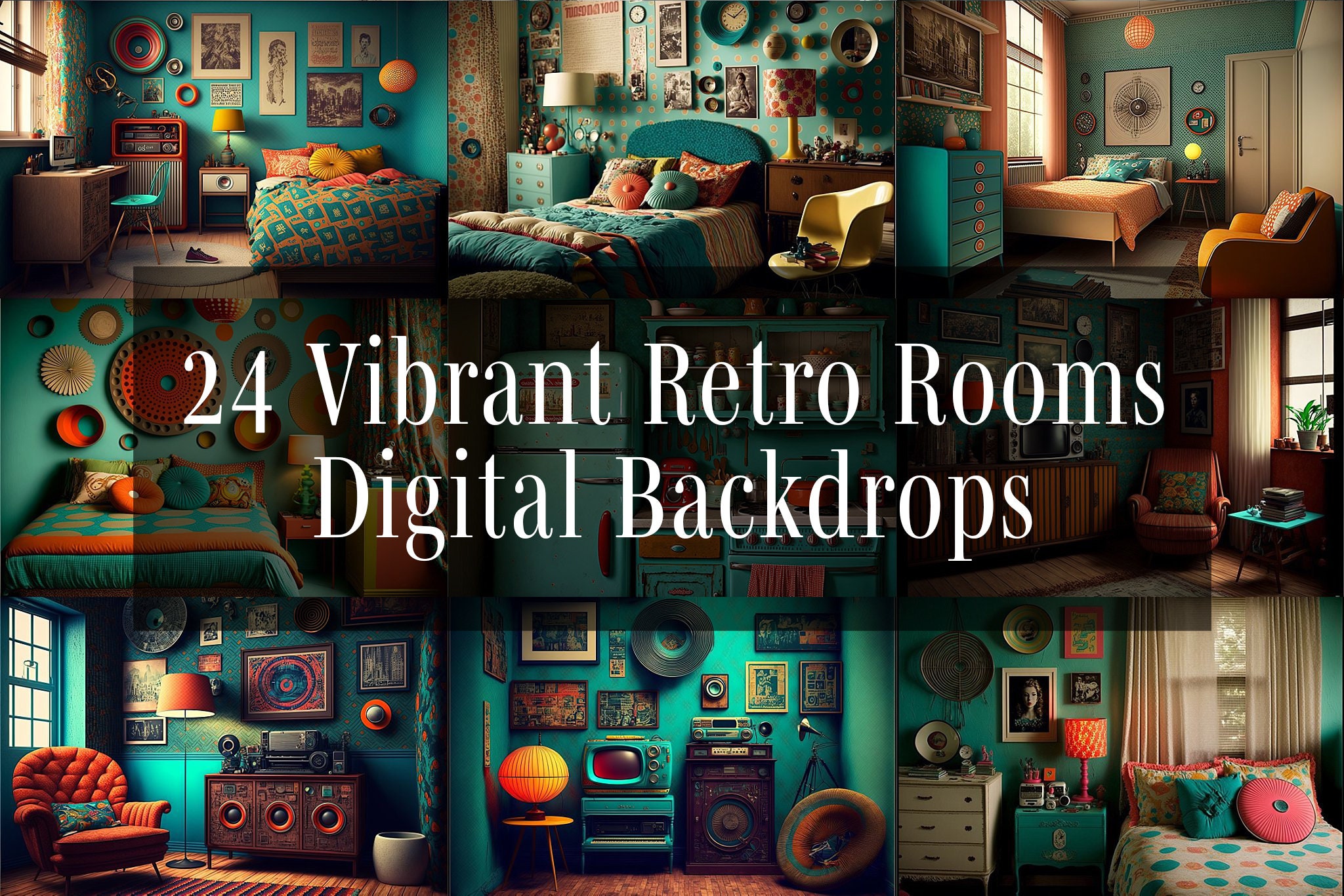 Retro Vibrant Rooms Digital Backdrops, Portrait Backdrop Overlays ...