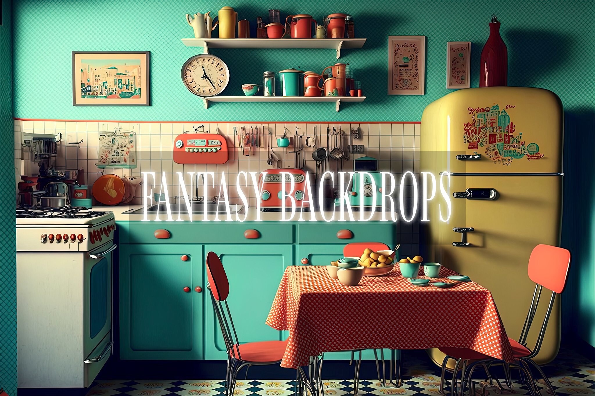 Retro Vibrant Rooms Digital Backdrops, Portrait Backdrop Overlays ...