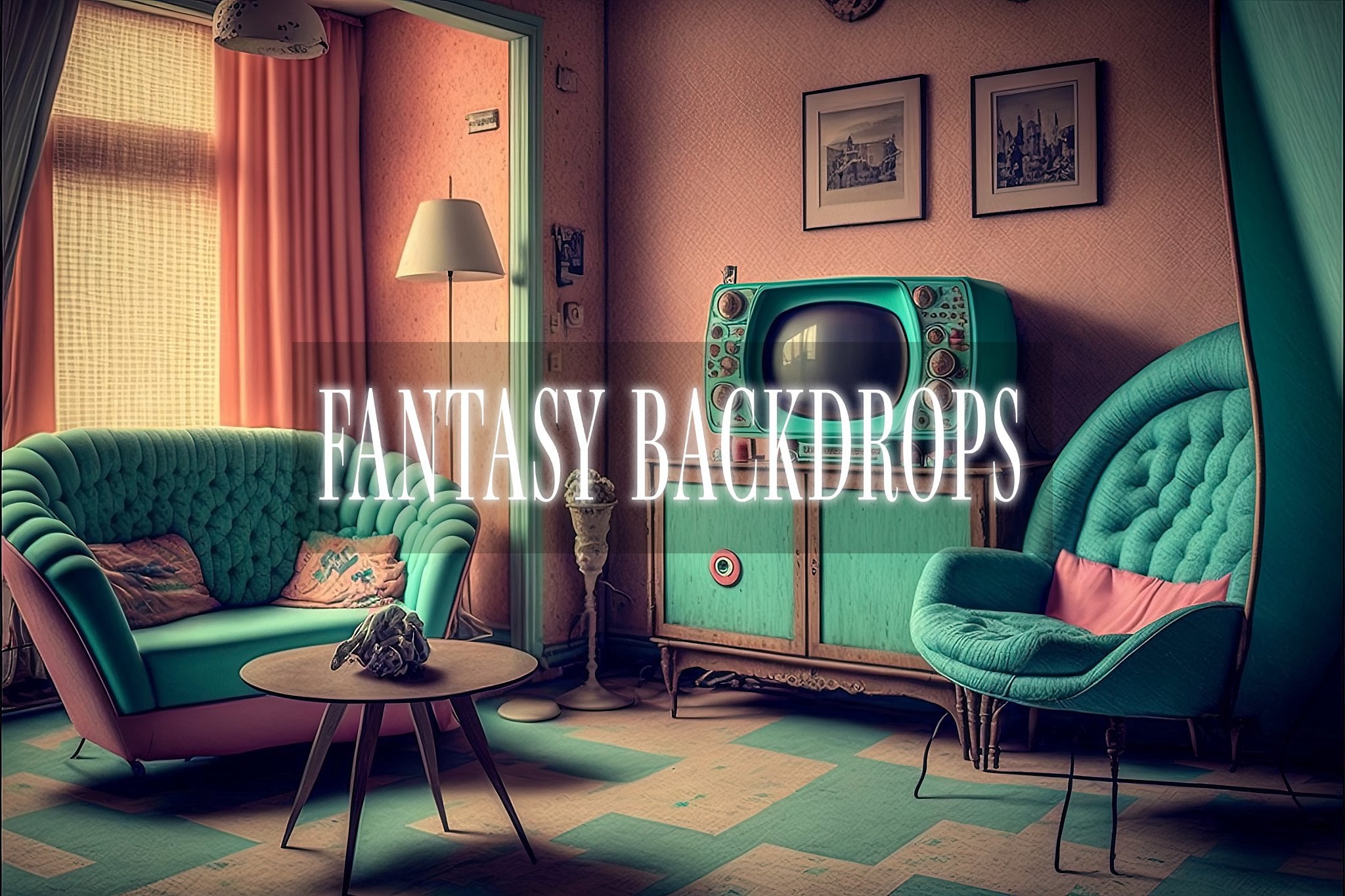 Retro Pastel Rooms Digital Backdrops, Portrait Backdrop Overlays ...