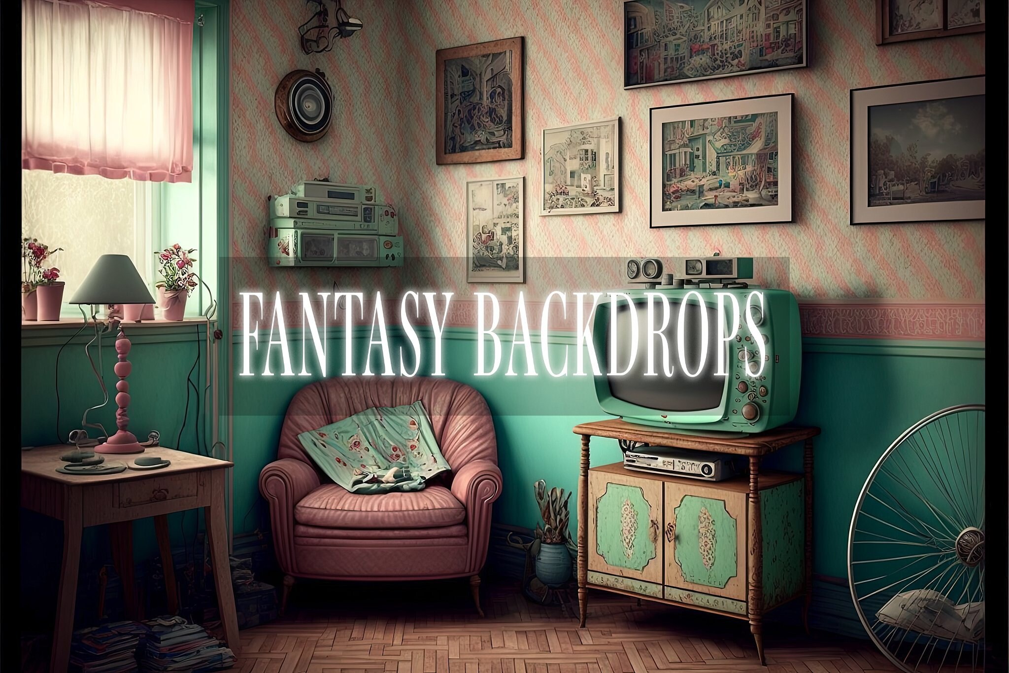 Retro Pastel Rooms Digital Backdrops, Portrait Backdrop Overlays ...