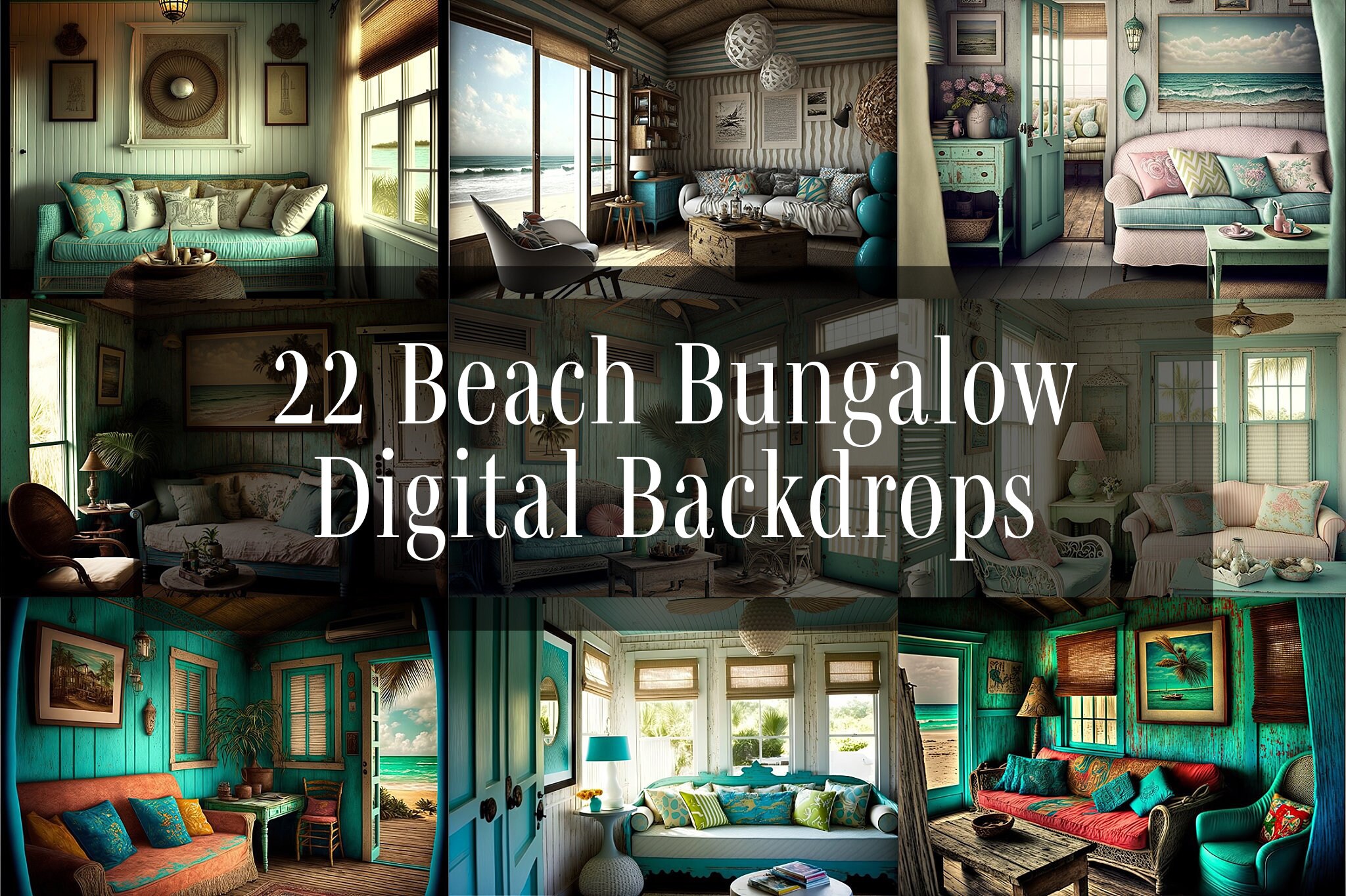 Beach Bungalow Rooms Digital Backdrops, Portrait Backdrop Overlays ...