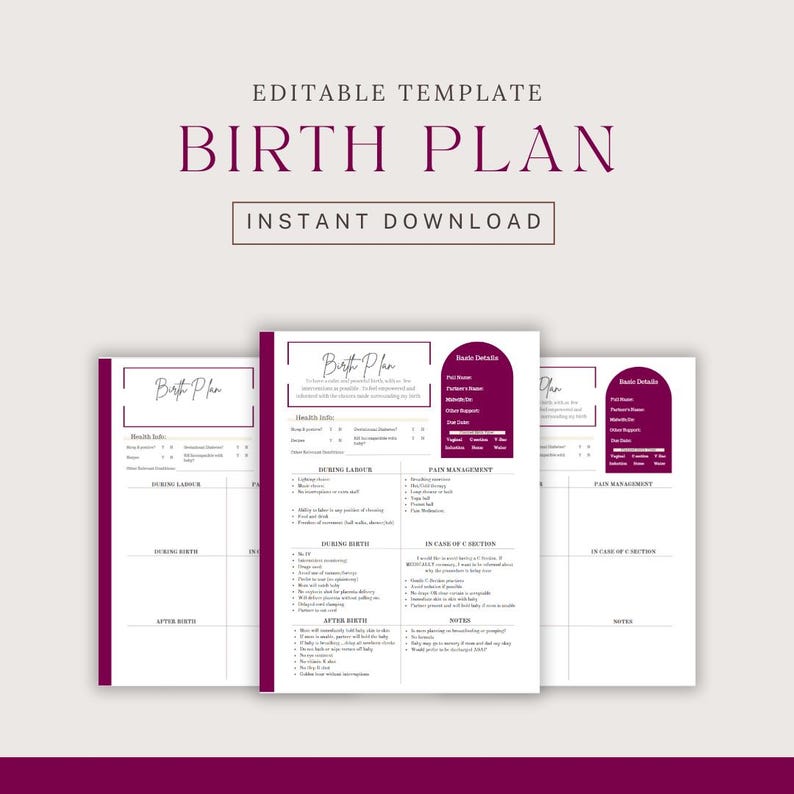 Editable Birth Plan Template | Printable Birthing Plan | Labor and ...