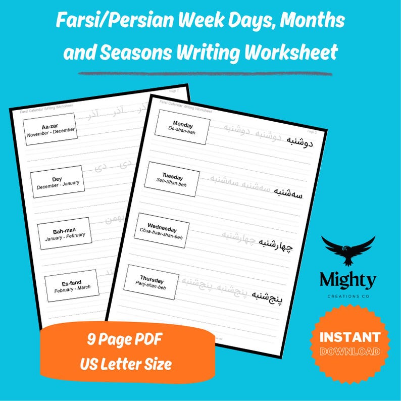 Calendrier persan/farsi (jours de la semaine, mois et saisons) écriture ...