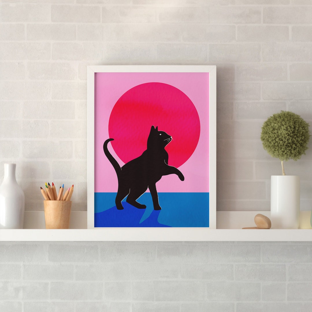 Cat in the Sun Art Print Red Sun Art Print, Black Cat Illustration ...