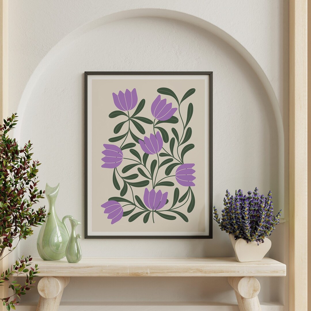 Violet Flower Art Print, Greenery Pattern Poster, Gift Wall Art ...