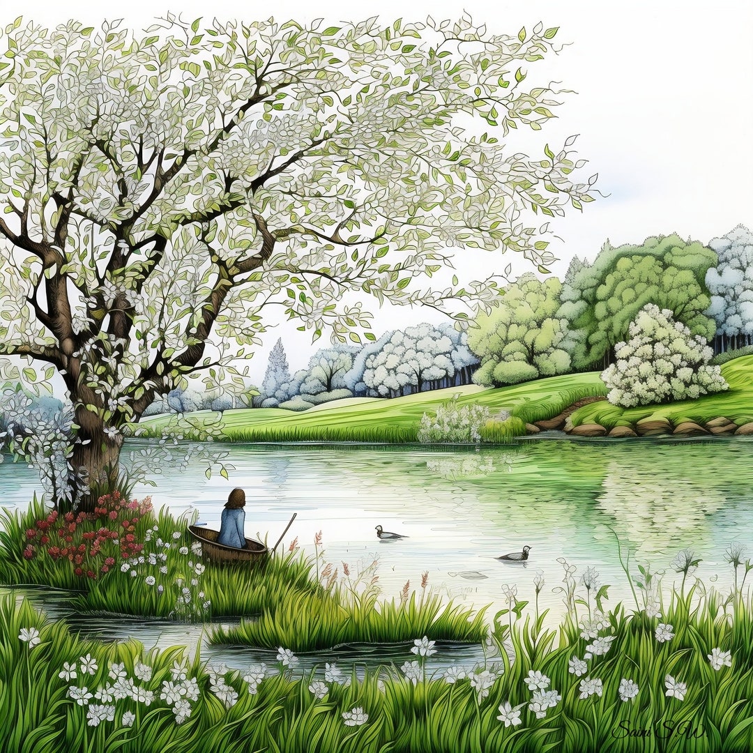 Lazy Summer Day II - Summer Lake Fishing Watercolour Wall Art, Digital ...