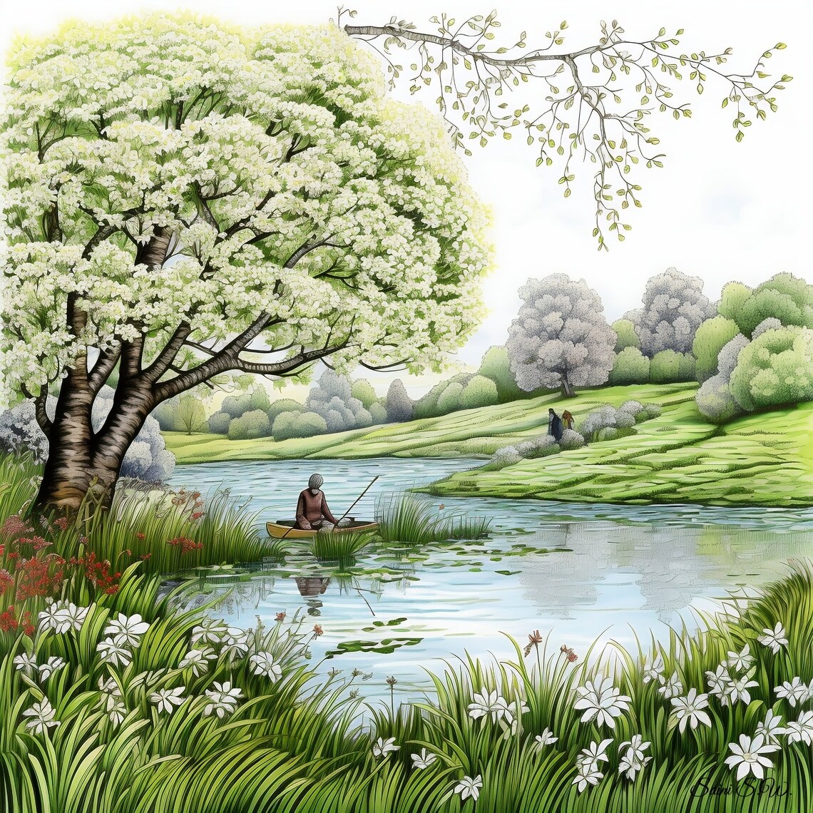 Lazy Summer Day - Summer Lake Fishing Watercolour Wall Art, Digital ...