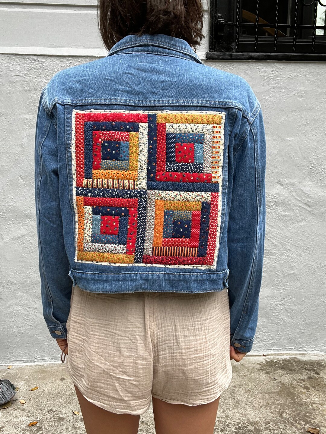 Log Cabin Appliqué Jean Jacket Large - Etsy