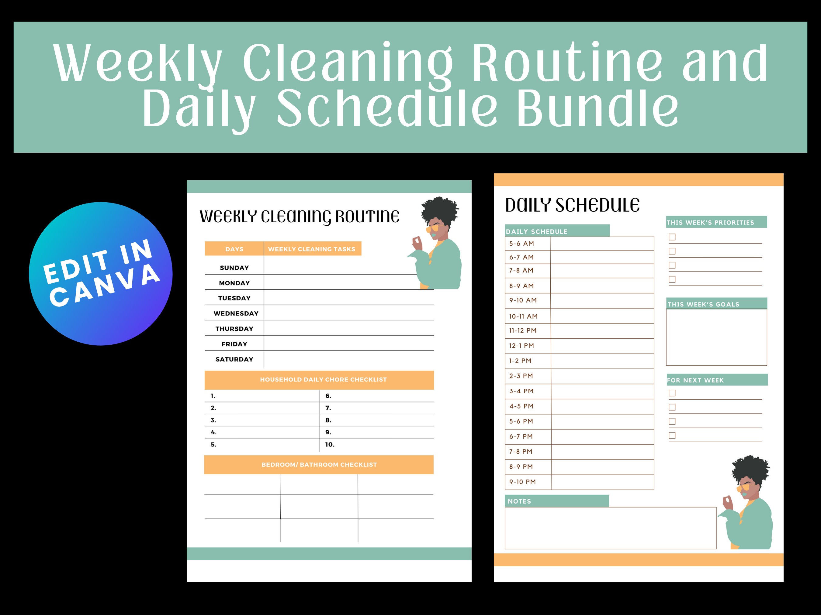 Canva Editable Blue Yellow Weekly Chore Chart Cleaning Checklist Daily ...
