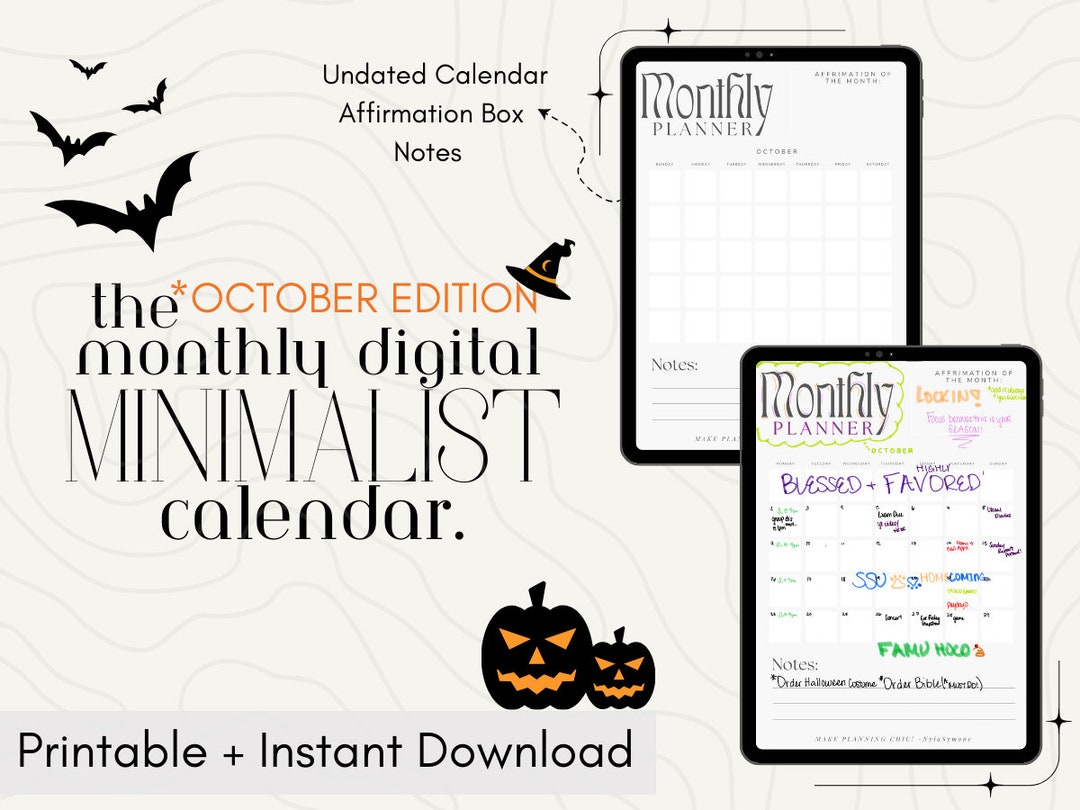 OCTOBER Minimalist Undated Calendar Monthly Digital Calendar Monthly ...