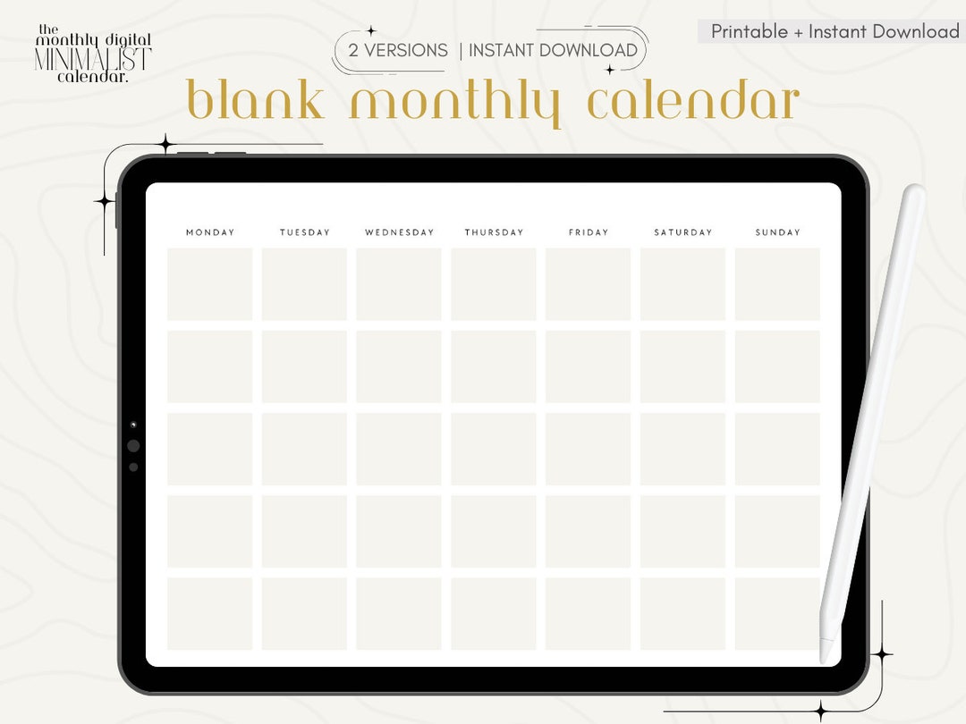 Blank Monthly Calendar Printable Landscape, Minimalist Calendar ...