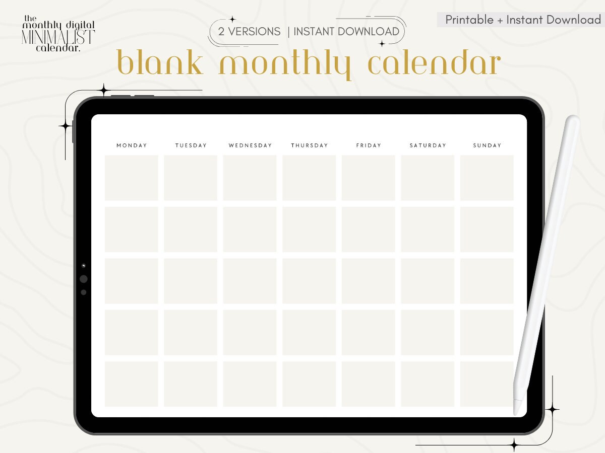 Blank Monthly Calendar Printable Landscape, Minimalist Calendar ...