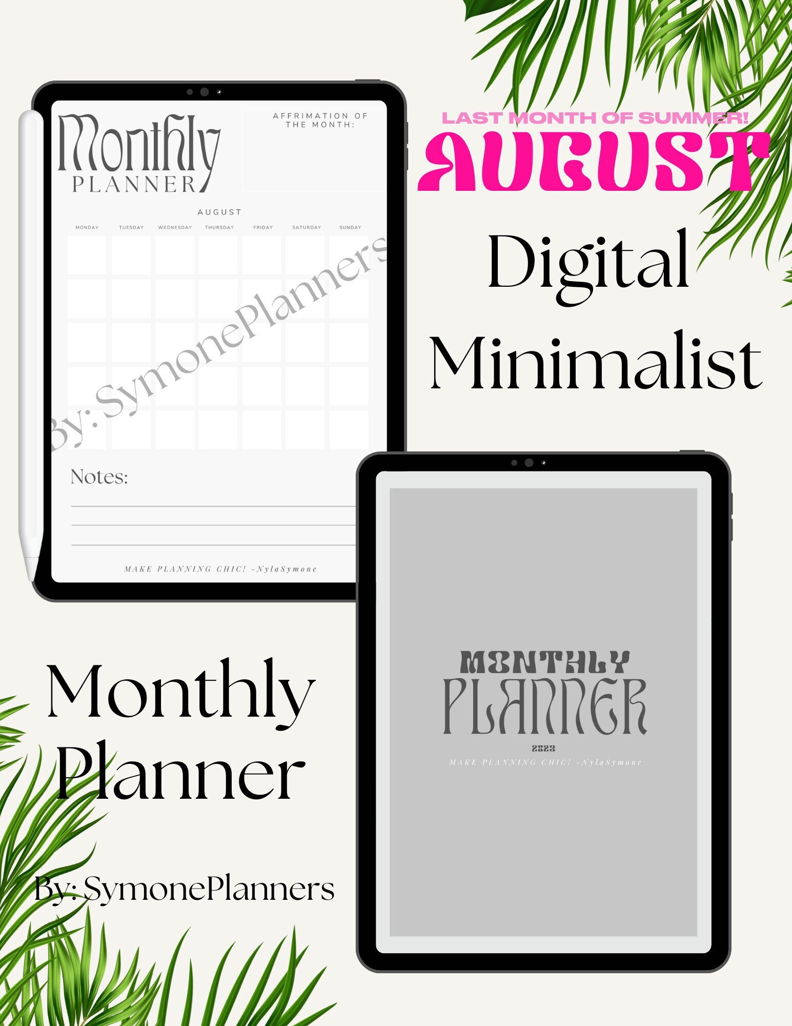 AUGUST Minimalist Monthly Digital Calendar Monthly Calendar Blank ...