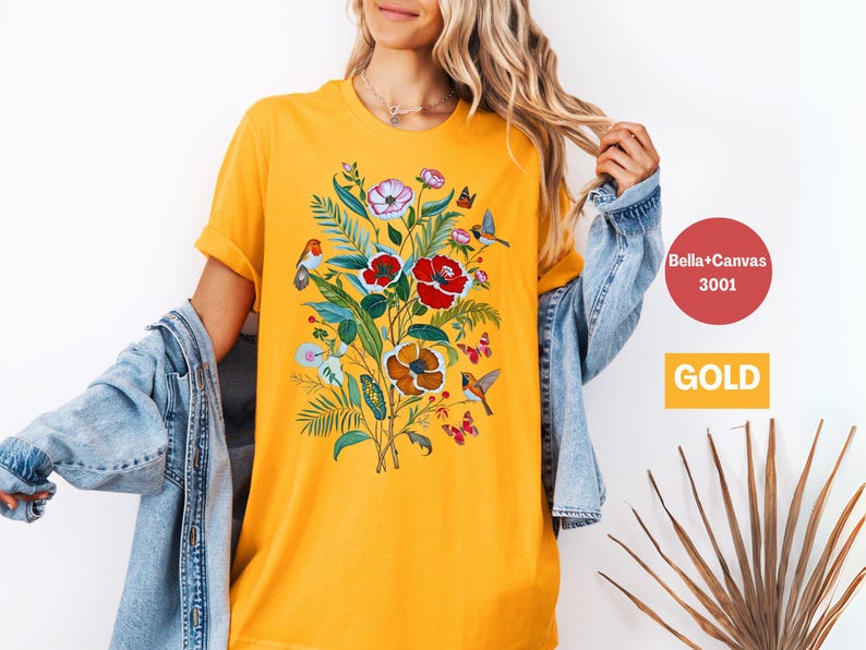 Floral Botanical T-shirt – Bella + Canvas 3001, Nature Floral Robin ...