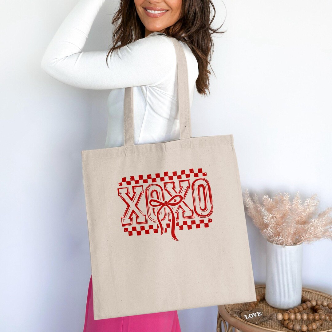 Cute XOXO Tote Bag, Red Bow Checkered Design, Stylish Reusable Grocery ...