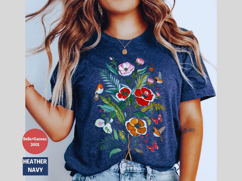 Floral Botanical T-shirt – Bella + Canvas 3001, Nature Floral Robin ...