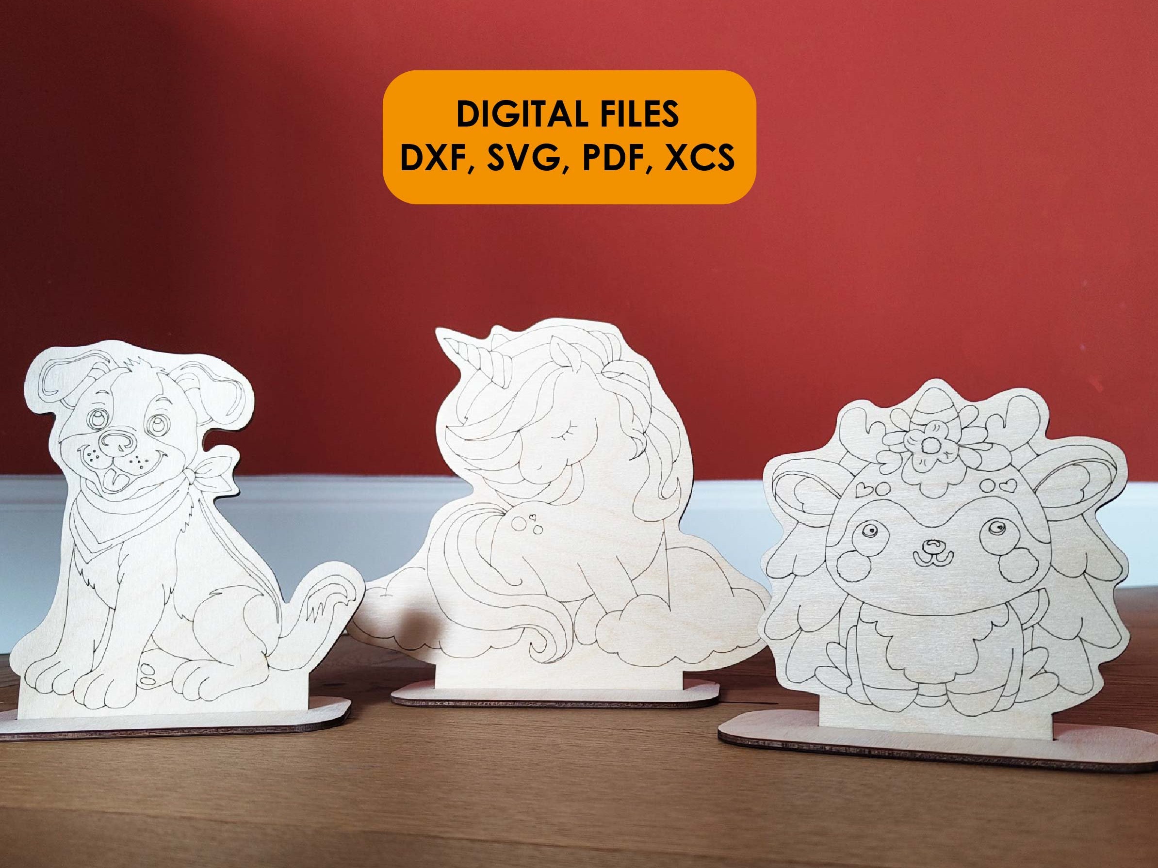 LASER CUT FILE Animals to Colour Unicorn Dog Dear Line Drawing Colour ...