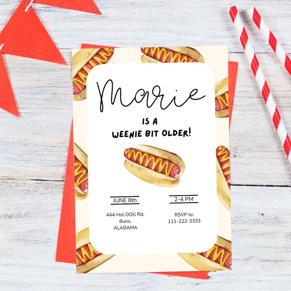 Editable Hot Dog Birthday Invitation: A Weenie Bit Older Theme (canva ...