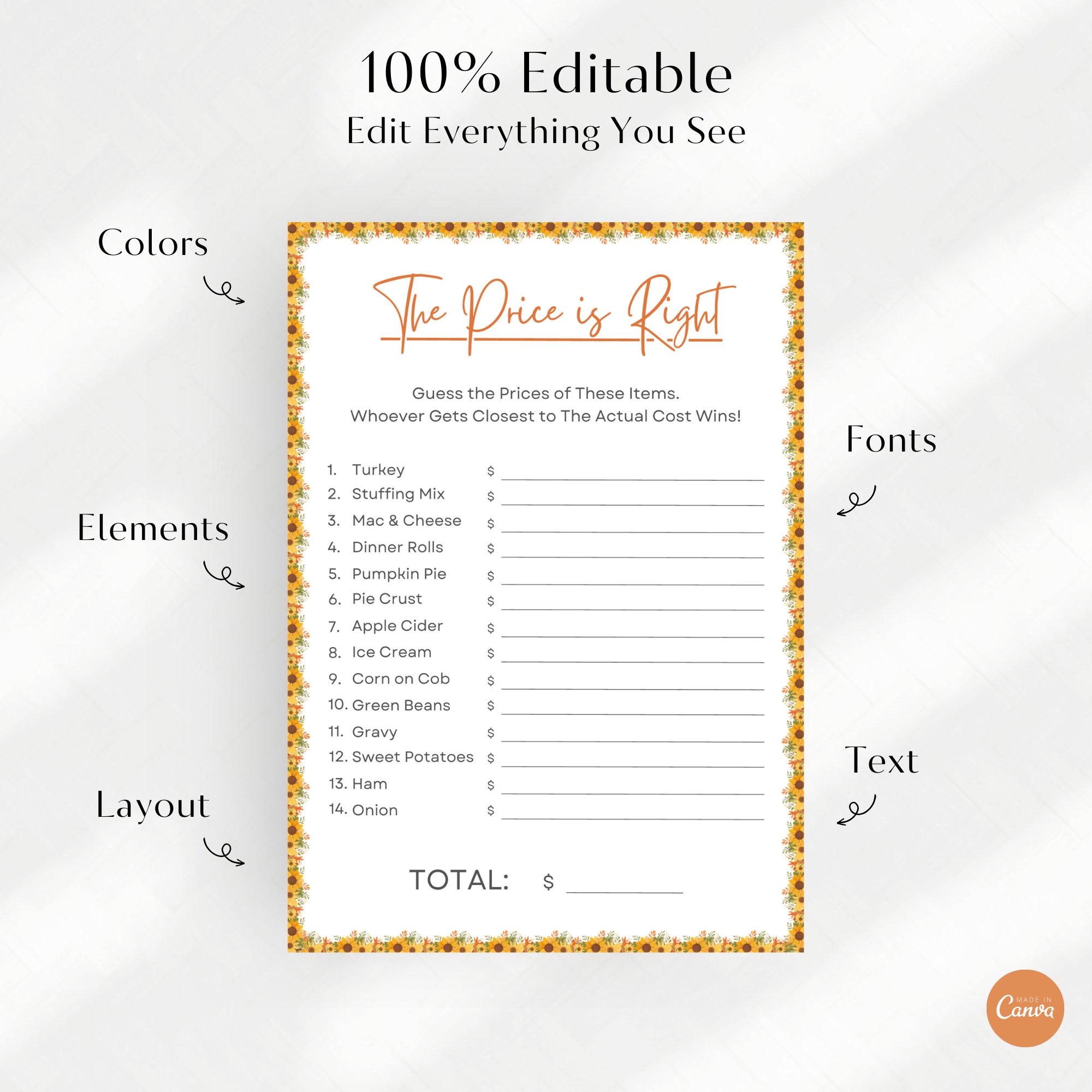 Thanksgiving Price is Right Printable Guessing Game for Turkey Day Fun ...