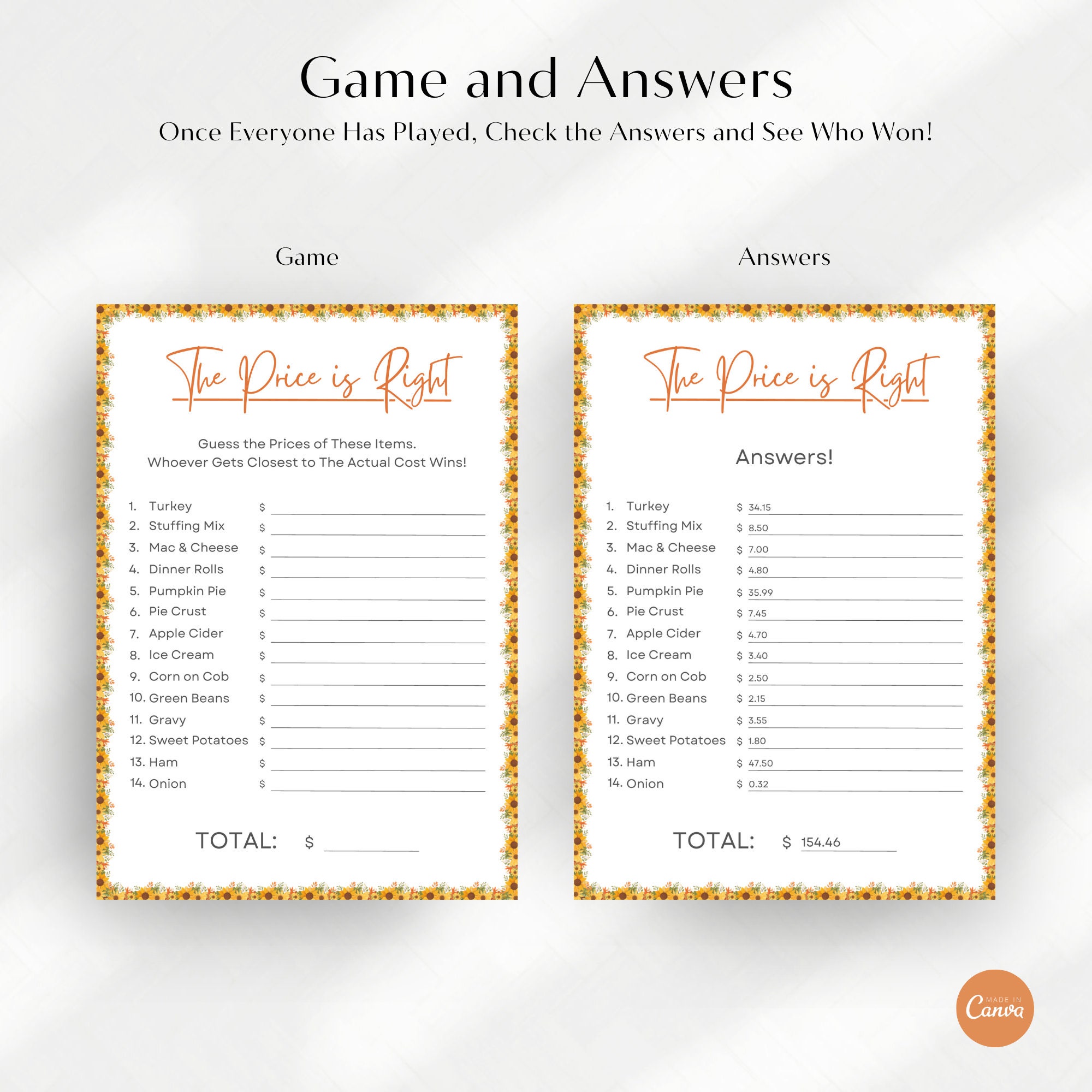 Thanksgiving Price is Right Printable Guessing Game for Turkey Day Fun ...