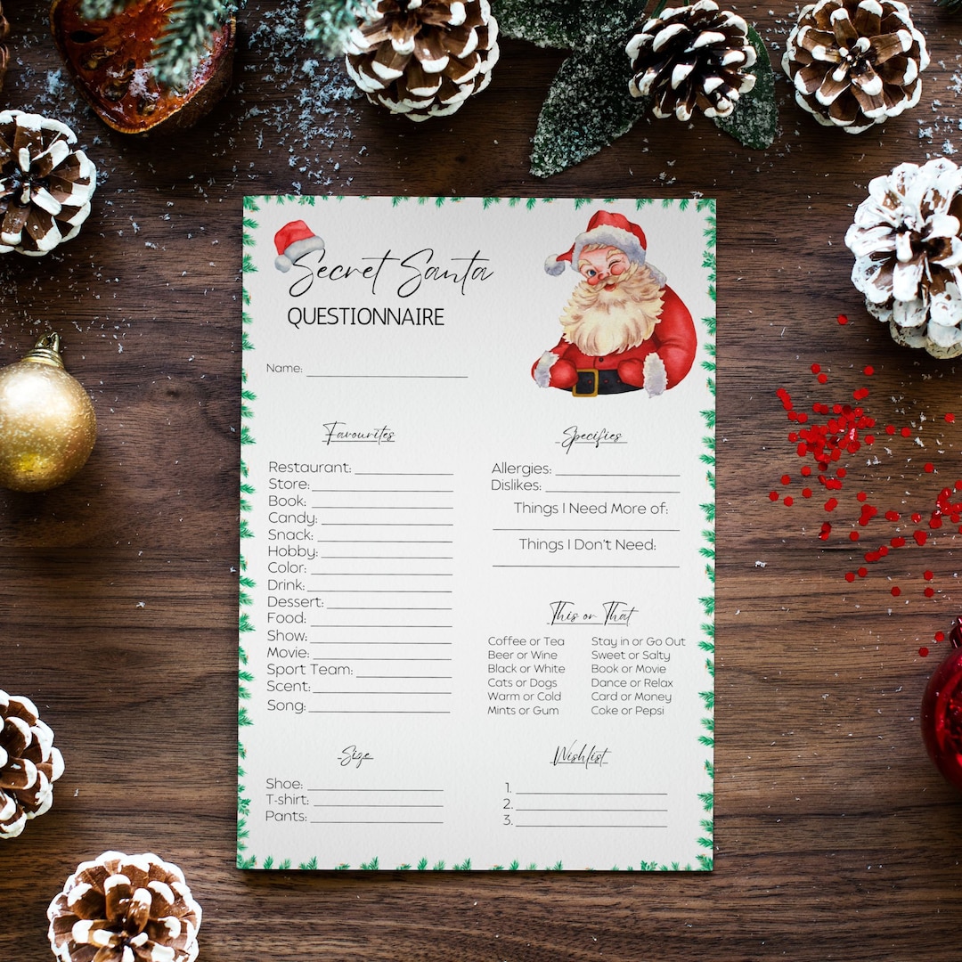 Secret Santa Questionnaire for Christmas Gift Exchange Template ...