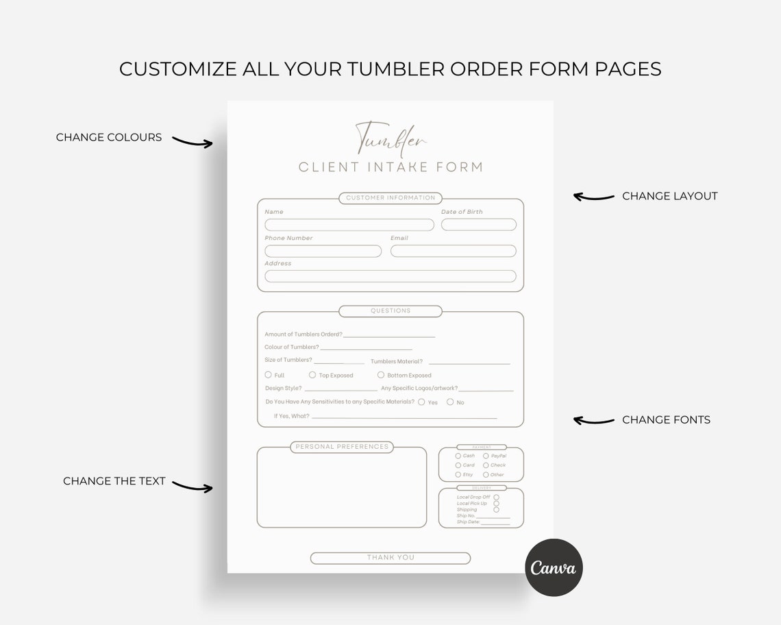 Editable Tumbler Order Form Template, Tumbler Work Order, Customizable ...