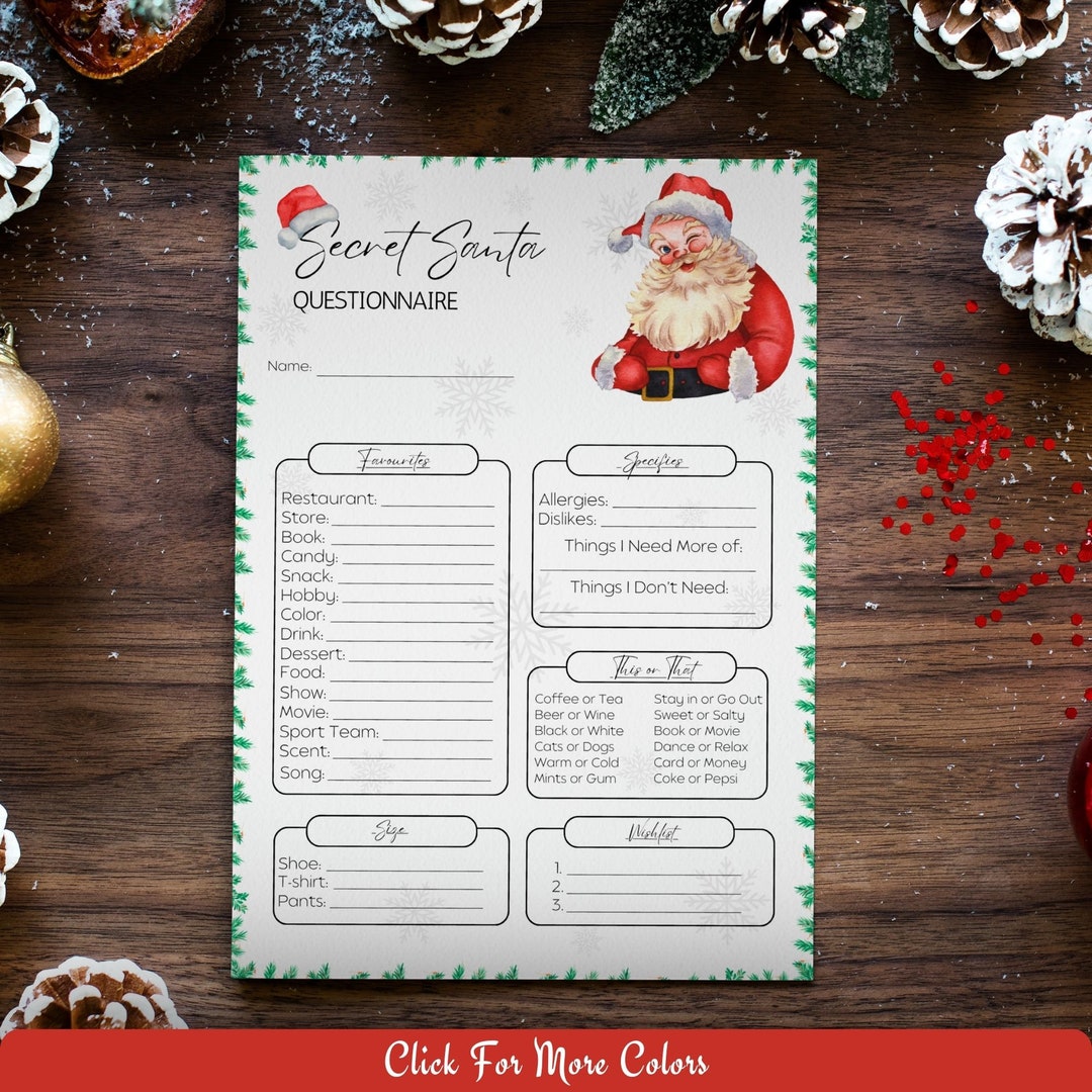 Secret Santa Questionnaire Printable, Christmas Gift Exchange, Secret ...