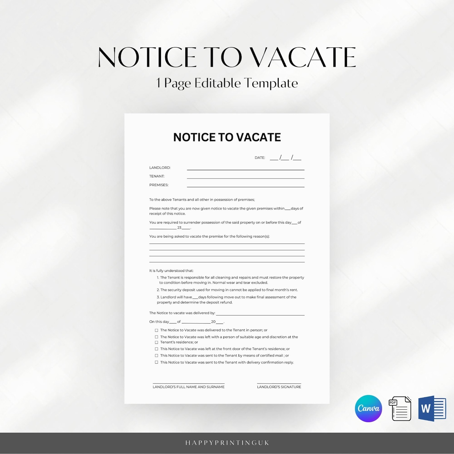 Notice to Vacate Editable Eviction Notice Template for Landlord Notice ...