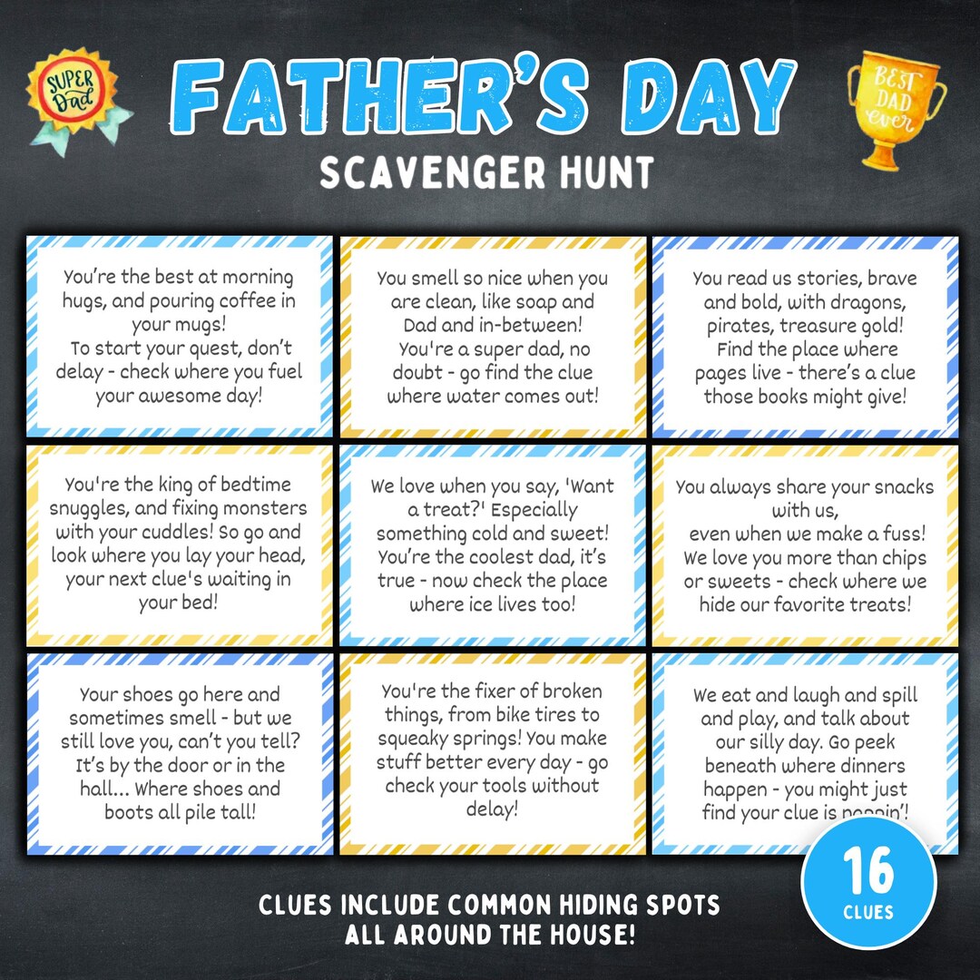 Fathers Day Scavenger Hunt, Dad Treasure Hunt Clues, Father's Day ...