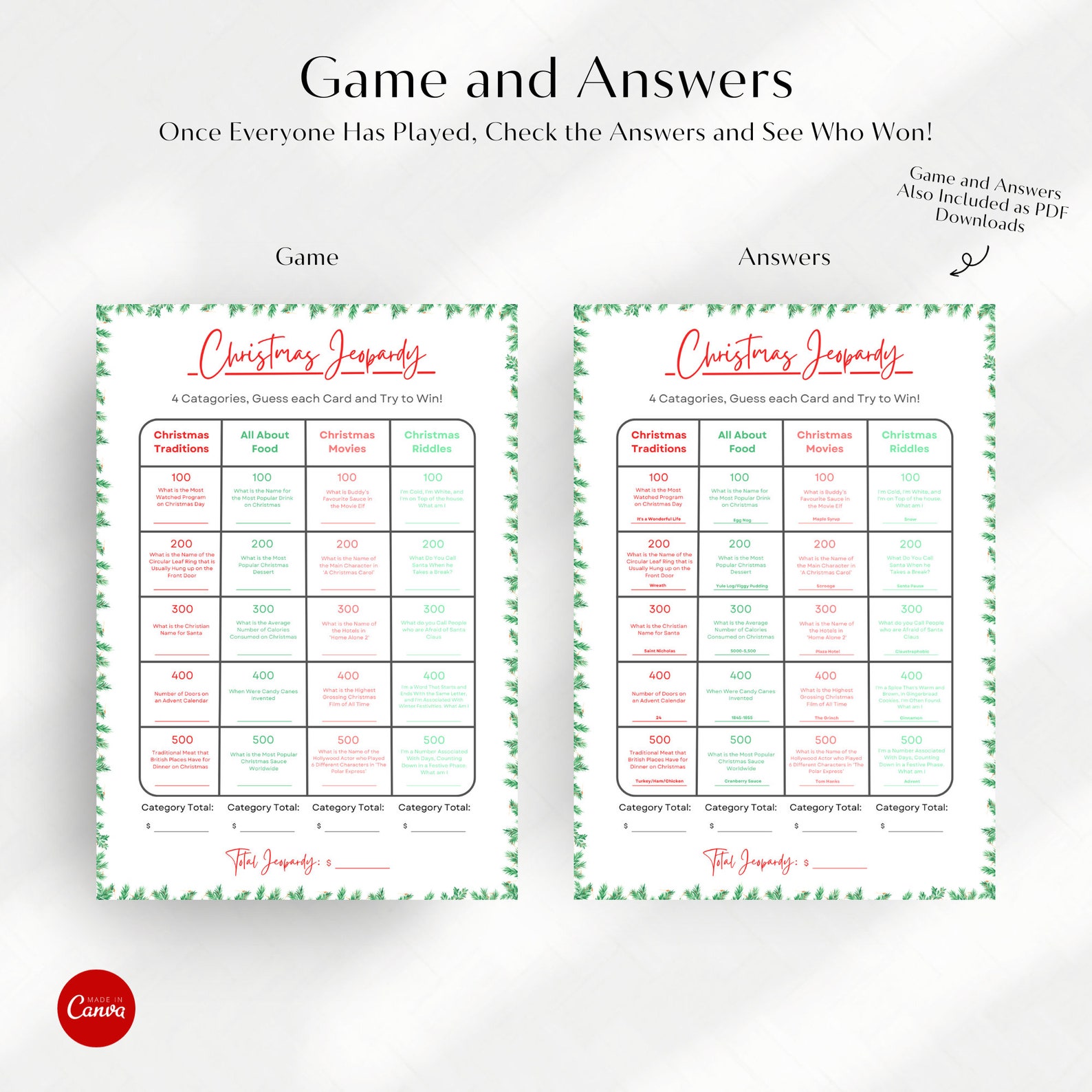 Christmas Jeopardy Game, Holiday Jeopardy Trivia Game, Christmas Family ...