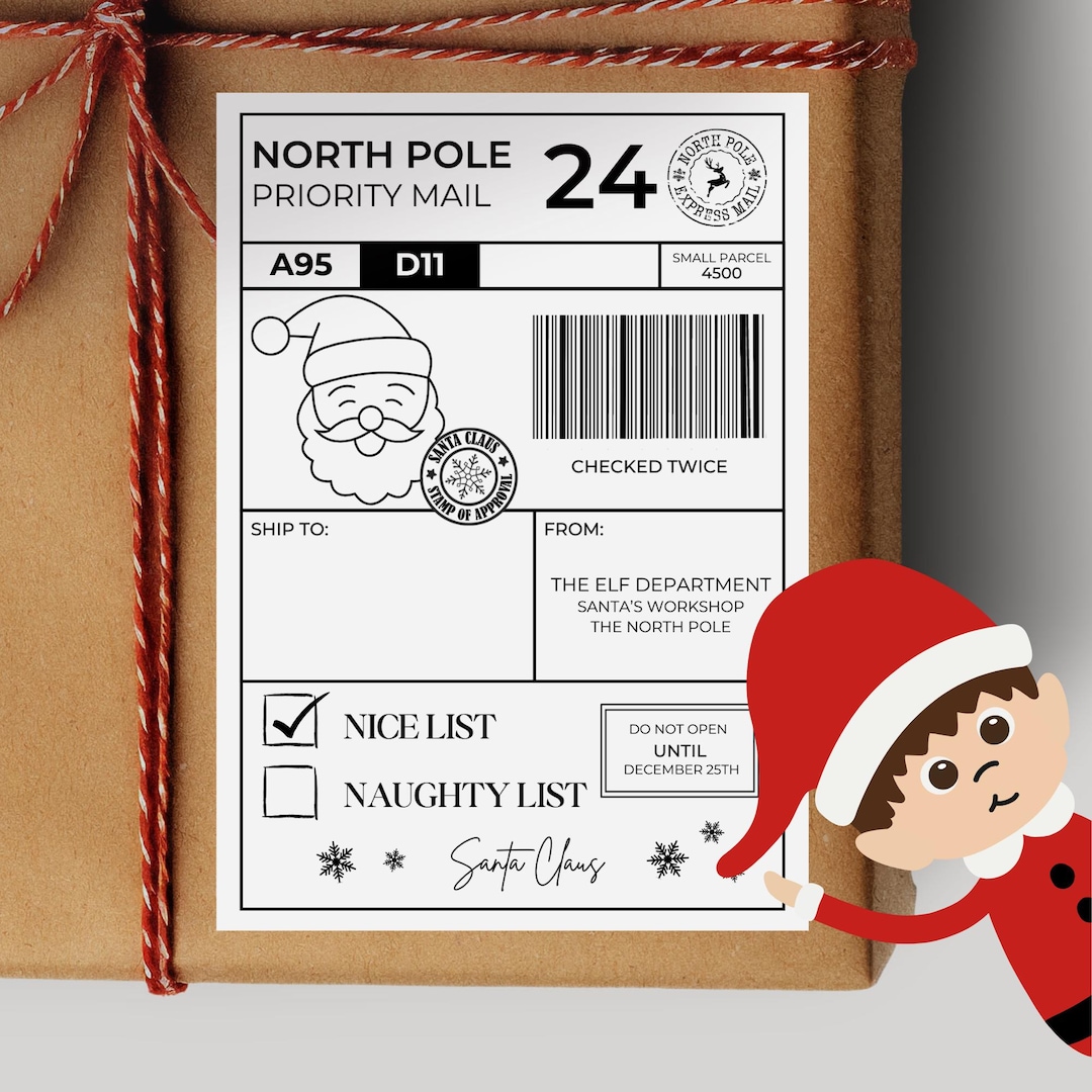 Elf Mail Shipping Labels, Elf Arrival Package, Gift Tag Template, North ...