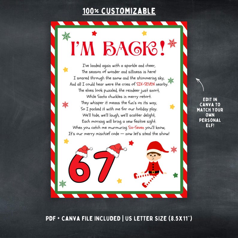 Editable 67 Elf Arrival Letter, Six Seven Trending Meme, I'm Back Elves ...