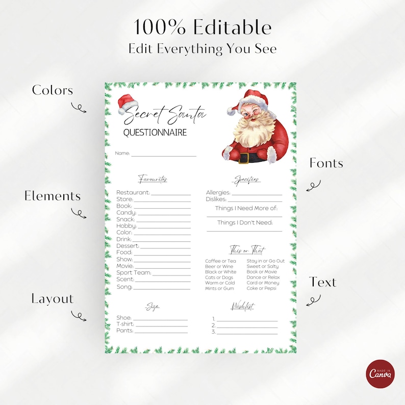 Secret Santa Questionnaire for Christmas Gift Exchange Template ...