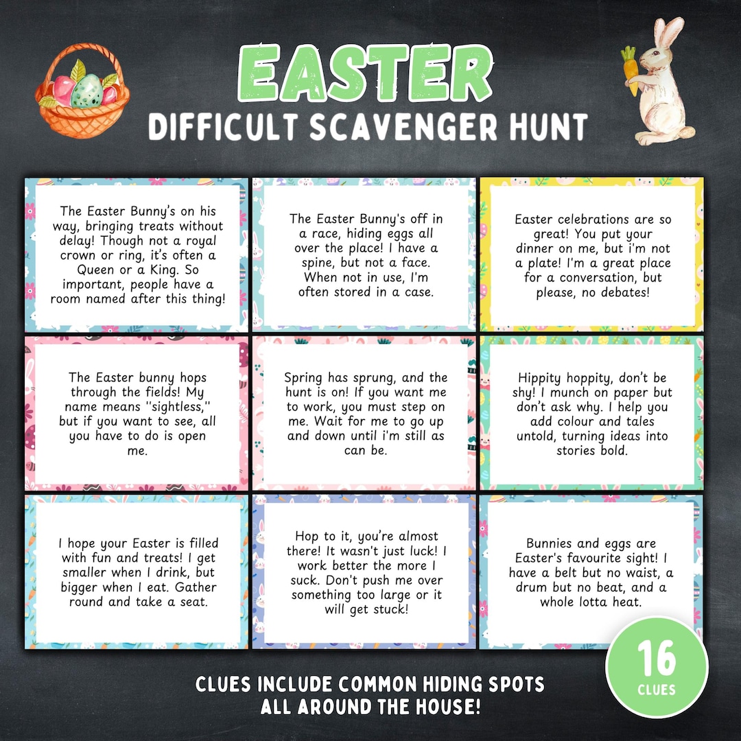 Difficult Easter Treasure Hunt Clues, Challenging Easter Scavenger Hunt ...