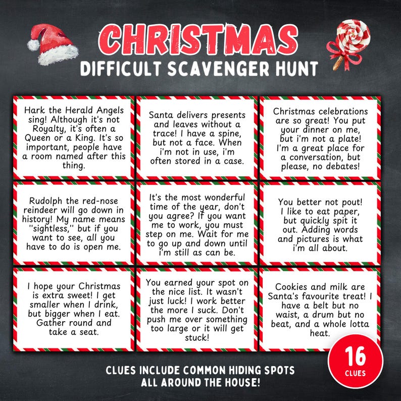 Indoor Christmas Scavenger Hunt for Older Kids, Difficult Christmas ...