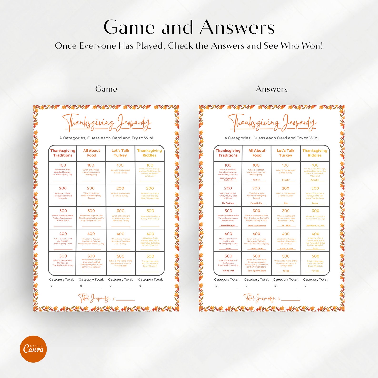 Thanksgiving Jeopardy Game for Family Activity for Friendsgiving Party ...