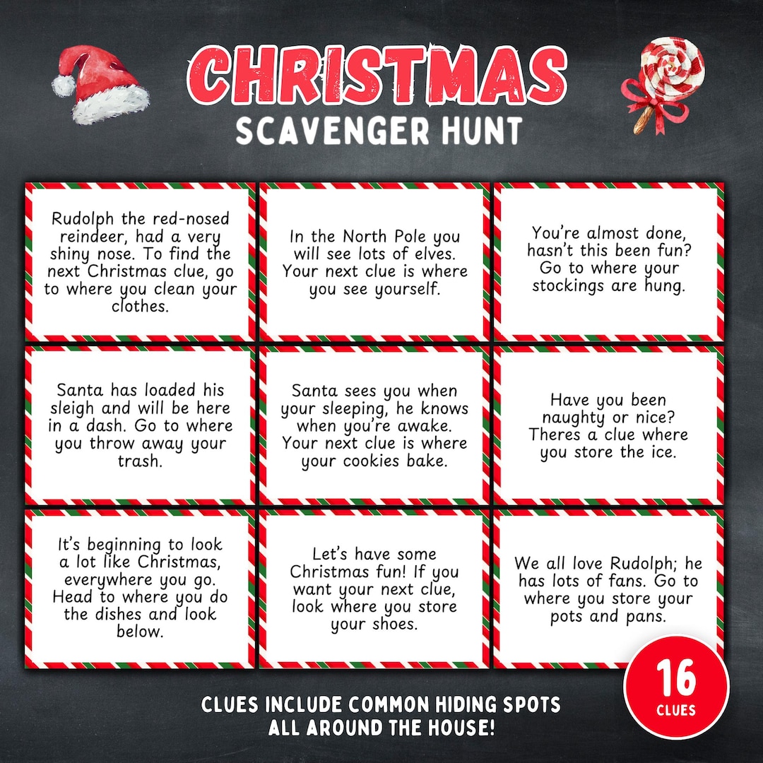 Christmas Scavenger Hunt Cards, Christmas Treasure Hunt Clues ...