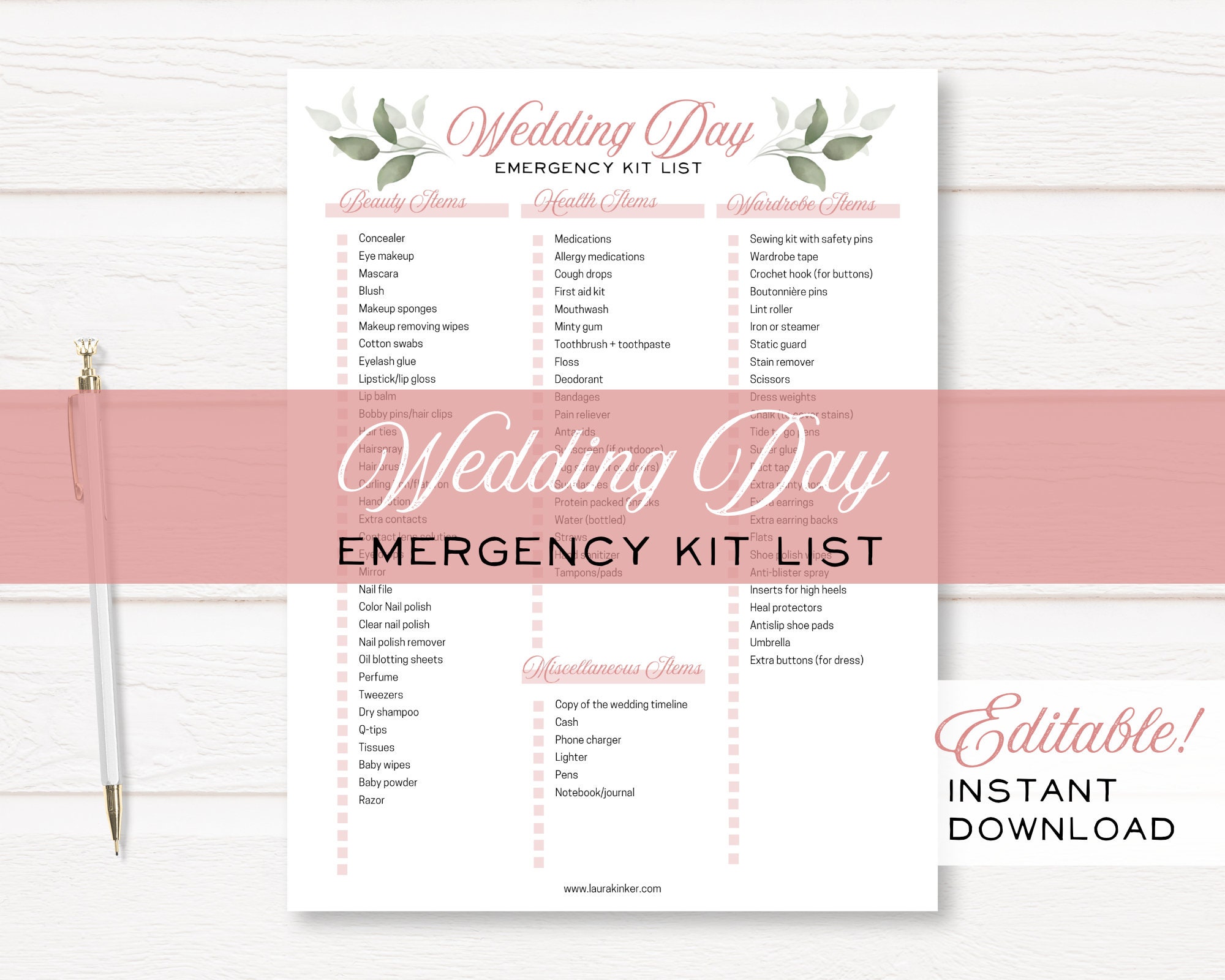 Printable Wedding Day Emergency Kit Checklist | Instant Download - Etsy
