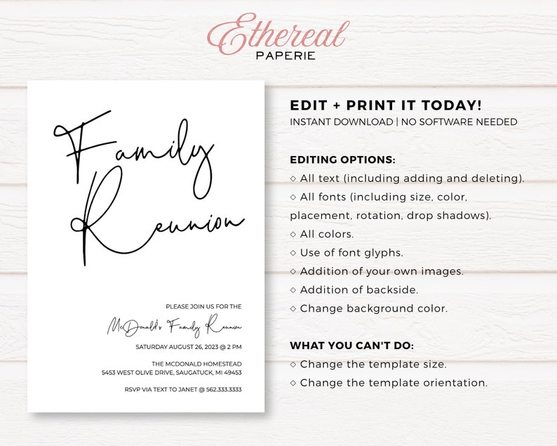 Casual Minimalist Family Reunion Editable Customizable Invitation Card ...
