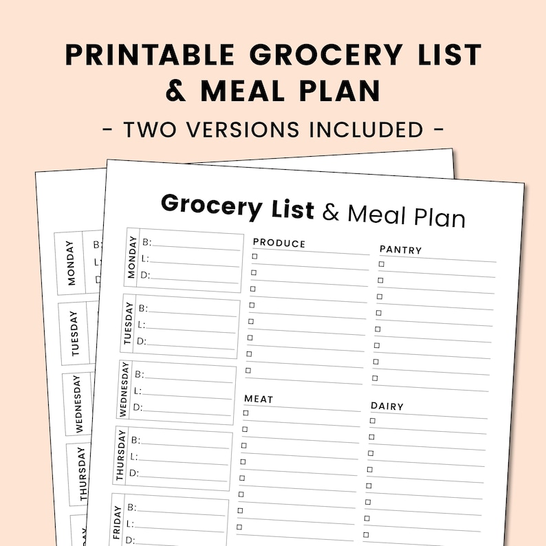 Printable Grocery List & Meal Plan Planner Grocery Shopping - Etsy