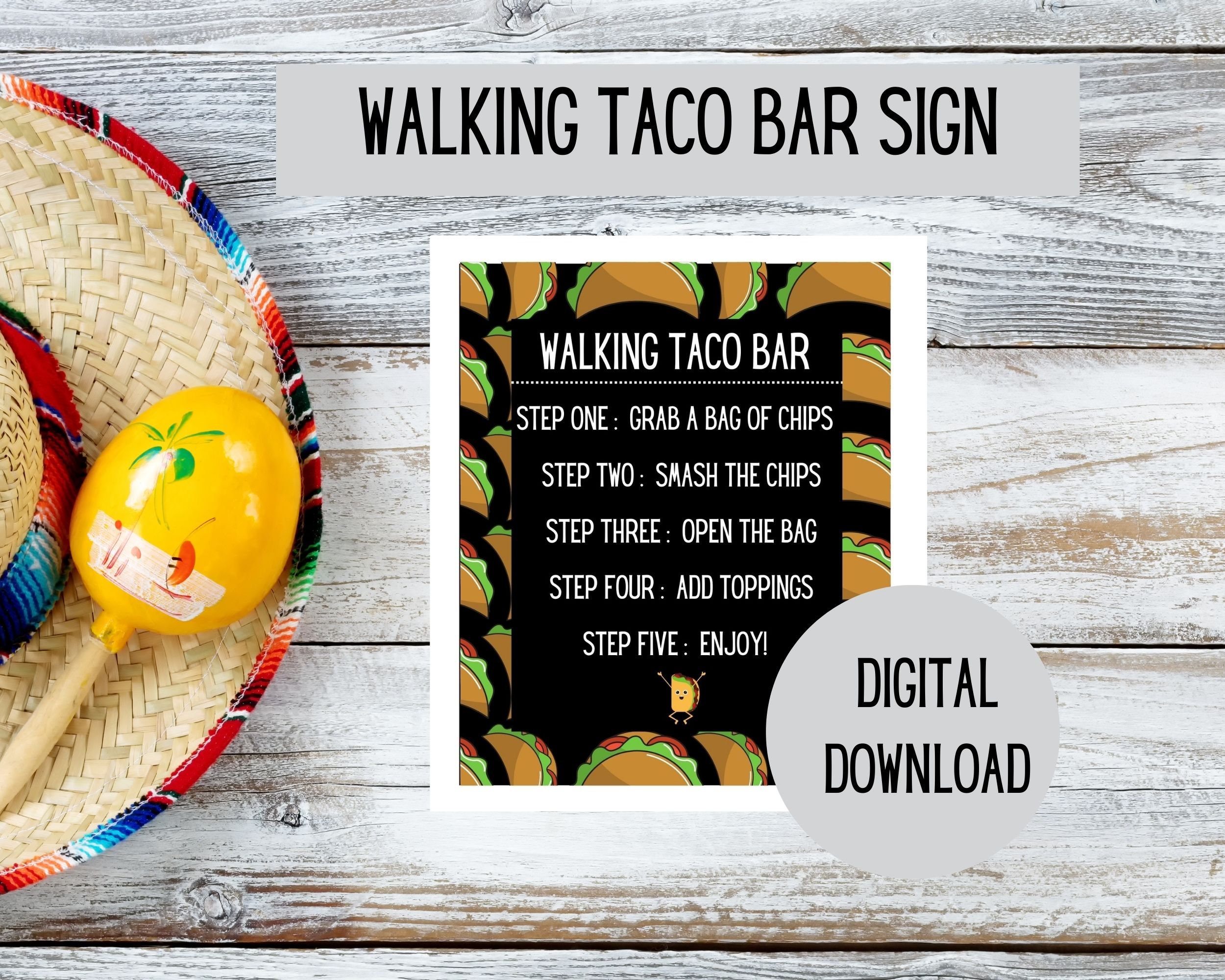 Walking Taco Bar Sign Cinco De Mayo Decor Taco Tutorial Fiesta Printable Party Sign Taco Tuesday ...